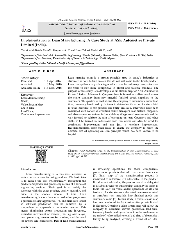 (PDF) Implementation of Lean Manufacturing: A Case Study at ASK Automotive Private Limited (India