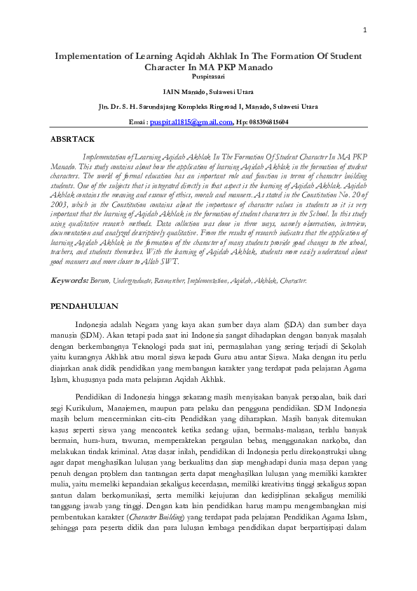 (PDF) Implementation of Learning Aqidah Akhlak In The Formation Of ...