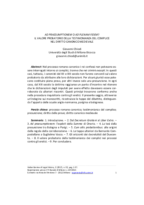 (PDF) AD PRAESUMPTIONEM O AD PLENAM FIDEM? IL VALORE PROBATORIO DELLA ...