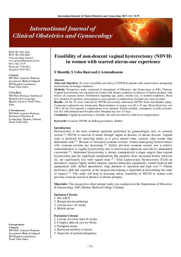 (PDF) Feasibility of non-descent vaginal hysterectomy (NDVH) in women ...