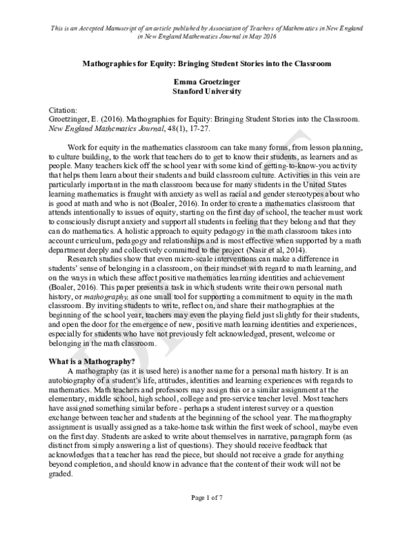 (PDF) Mathographies for Equity: Bringing Student Stories into the Classroom