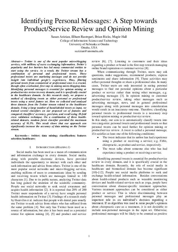 (PDF) Identifying Personal Messages: A Step towards Product/Service ...