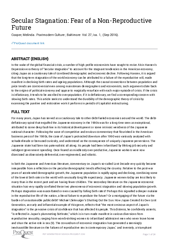 (PDF) Secular Stagnation: Fear of a Non-Reproductive Future