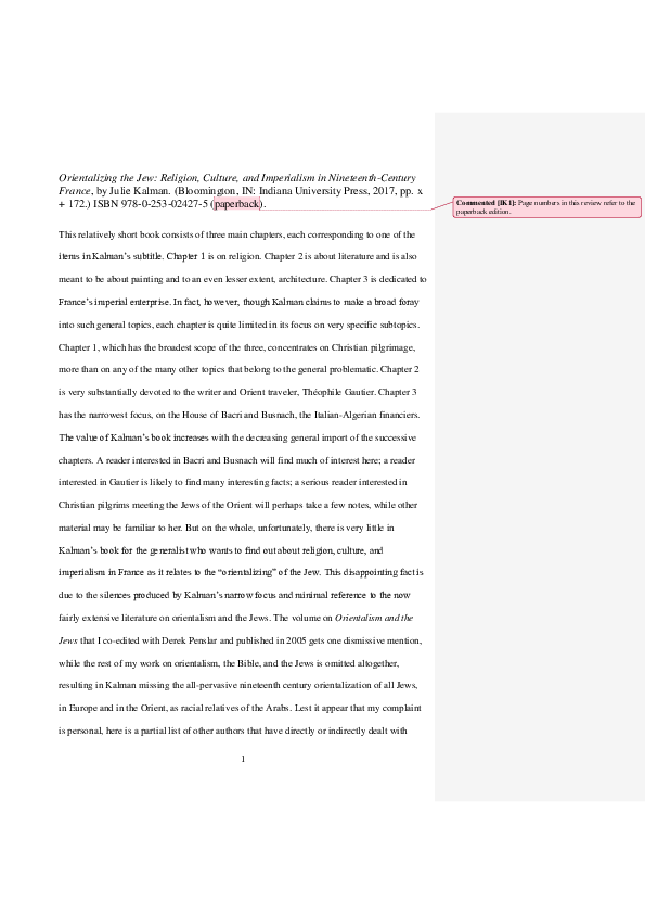 (DOC) Review of Julie Kalman, "Orientalizing the Jew"