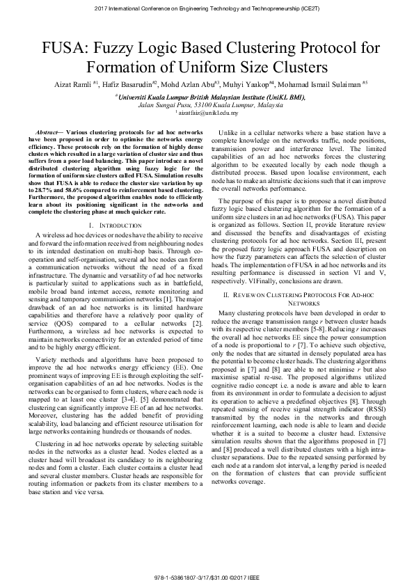 Pdf Fusa Fuzzy Logic Based Clustering Protocol For Formation Of Uniform Size Clusters Mohd 6756
