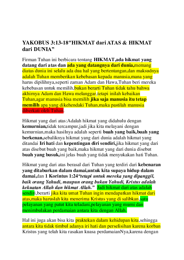 (DOC) YAKOBUS 3:13-18″HIKMAT dari ATAS & HIKMAT dari DUNIA