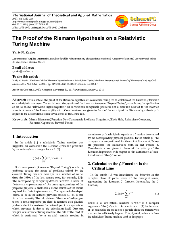 (PDF) The Proof of the Riemann Hypothesis on a Relativistic Turing Machine