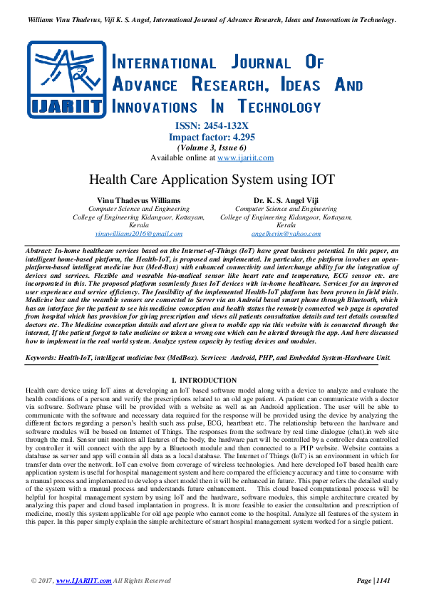 (PDF) Health Care Application System using IOT