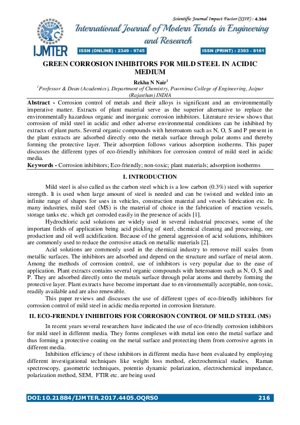 (PDF) GREEN CORROSION INHIBITORS FOR MILD STEEL IN ACIDIC MEDIUM
