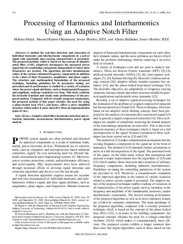 (PDF) Processing of Harmonics and Interharmonics Using an Adaptive Notch Filter | Mohsen Mojiri ...