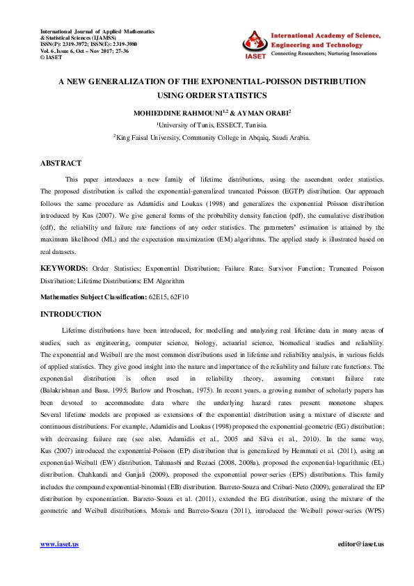 Pdf A New Generalization Of The Exponential Poisson Distribution Using Order Statistics