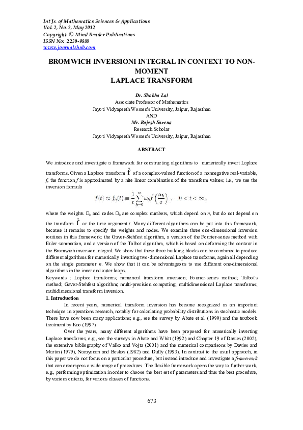 (PDF) BROMWICH INVERSIONI INTEGRAL IN CONTEXT TO NON- MOMENT LAPLACE ...
