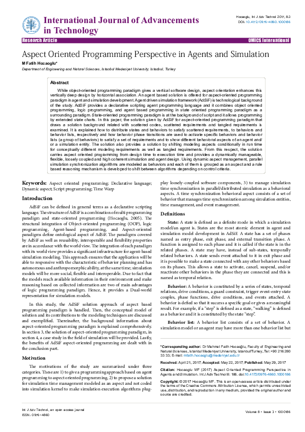 (PDF) Aspect Oriented Programming Perspective in Agents and Simulation
