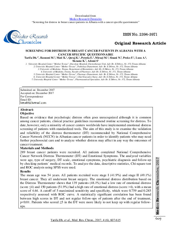 (PDF) SCREENING FOR DISTRESS IN BREAST CANCER PATIENTS IN ALBANIA WITH ...