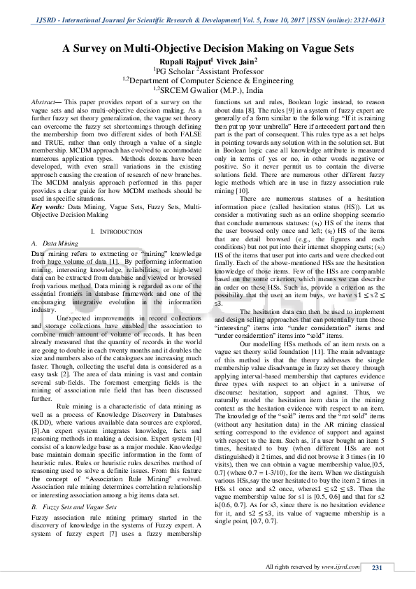 (PDF) A Survey on Multi-Objective Decision Making on Vague Sets