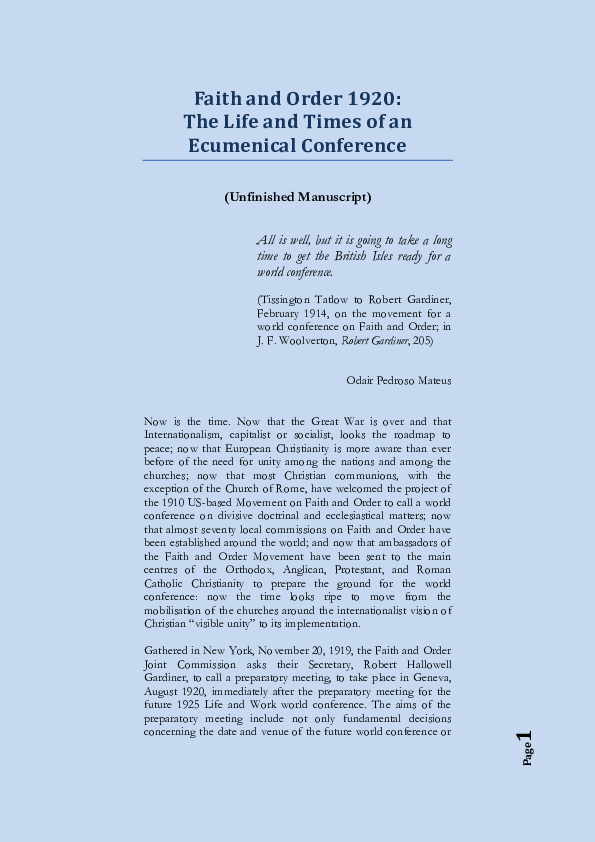 (PDF) Faith and Order 1920: The Life and Times of an Ecumenical Conference