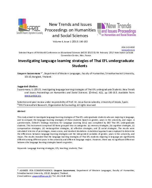 (PDF) Investigating language learning strategies of Thai EFL undergraduate Students