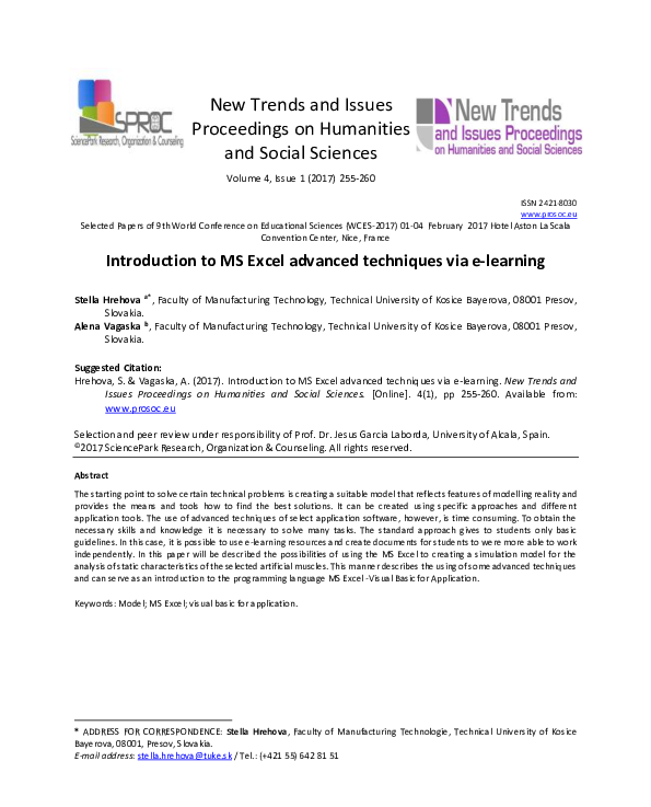 (PDF) Introduction to MS Excel advanced techniques via e-learning