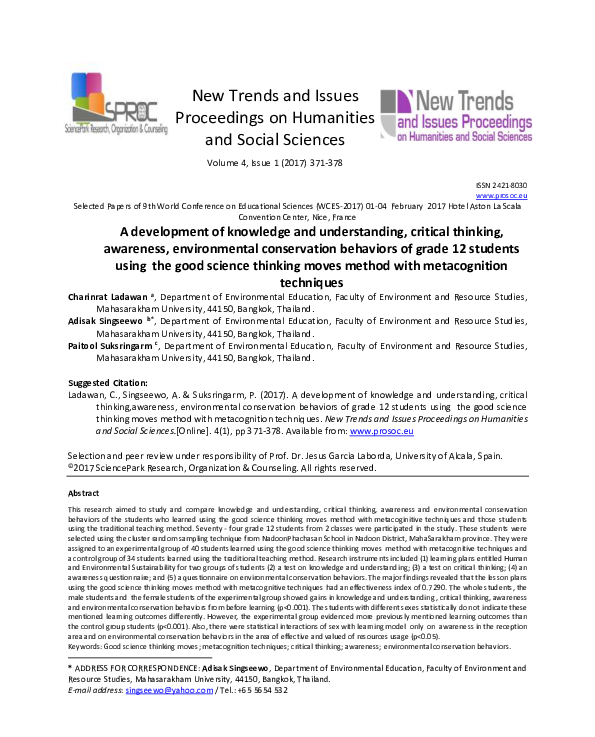 (PDF) A development of knowledge and understanding, critical thinking ...