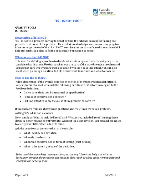 (PDF) " IS – IS NOT TOOL " QUALITY TOOLS IS – IS NOT