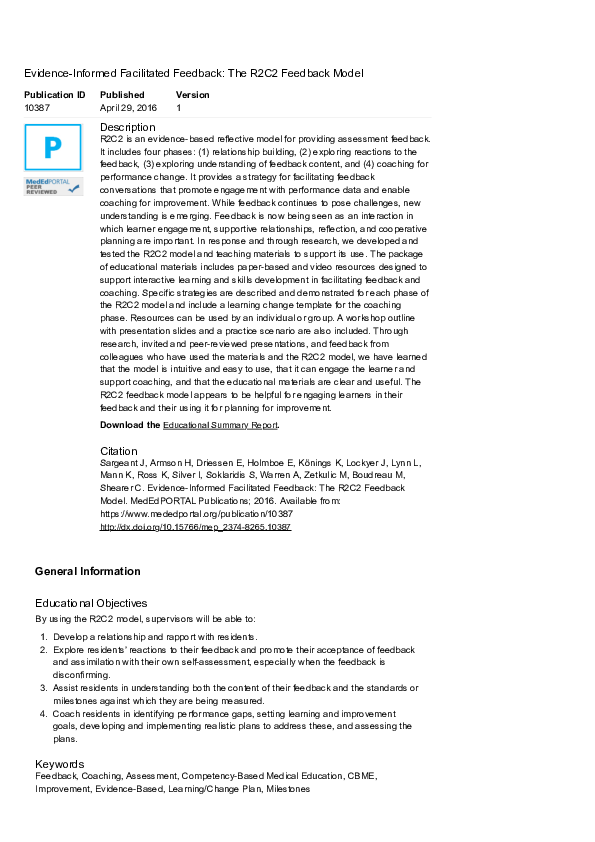 (PDF) Evidence-Informed Facilitated Feedback: The R2C2 Feedback Model ...