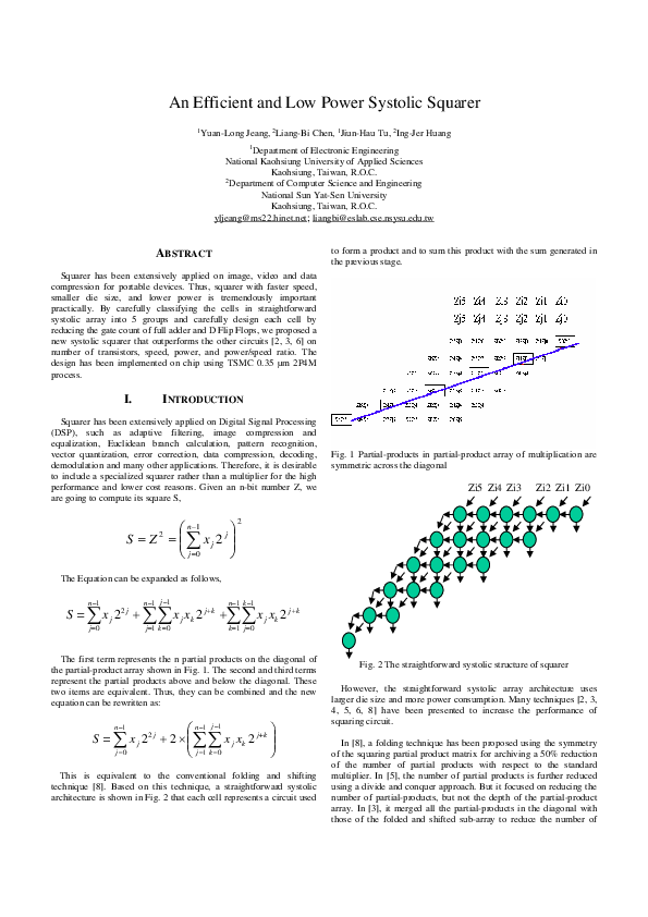 (PDF) An Efficient and Low Power Systolic Squarer | 良弼 陳 - Academia.edu