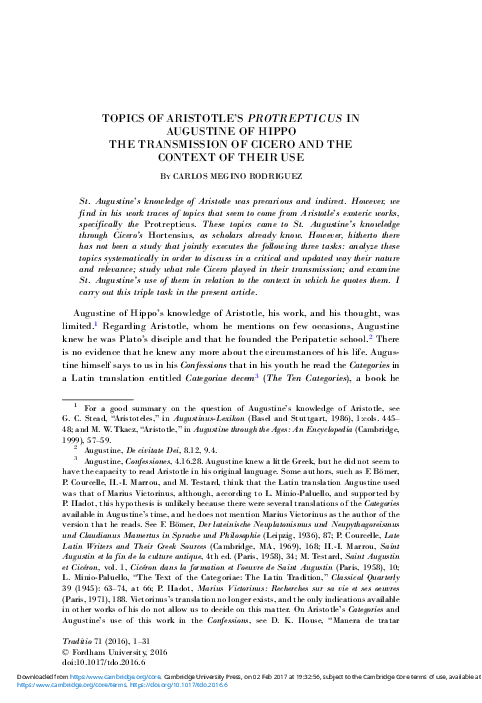 (PDF) TOPICS OF ARISTOTLE'S PROTREPTICUS IN AUGUSTINE OF HIPPO THE ...