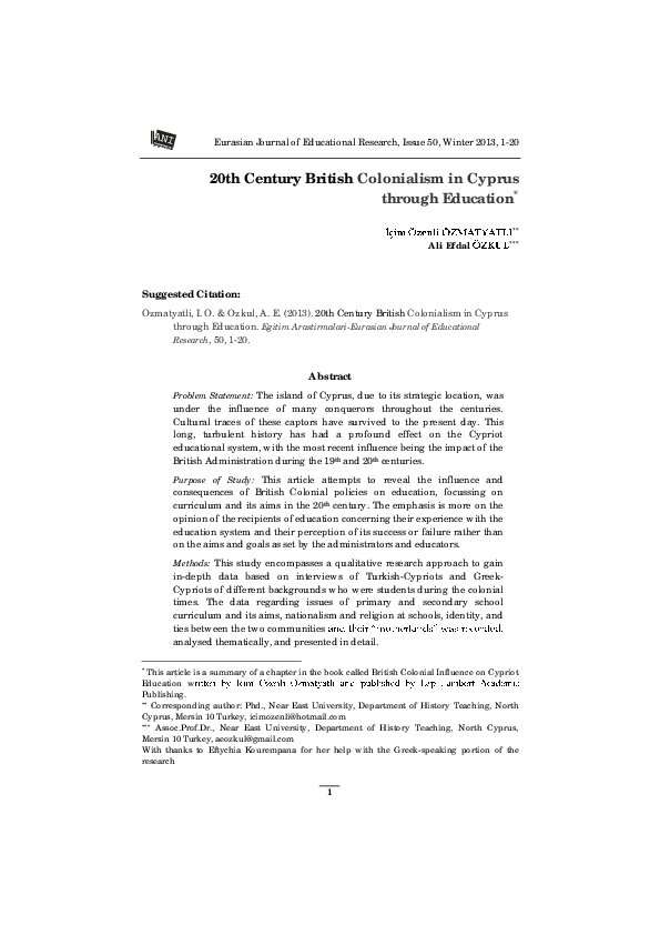 (PDF) 20th Century British Colonialism in Cyprus through Education