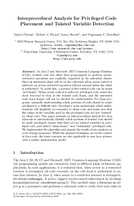 (PDF) Interprocedural Analysis for Privileged Code Placement and Tainted Variable Detection