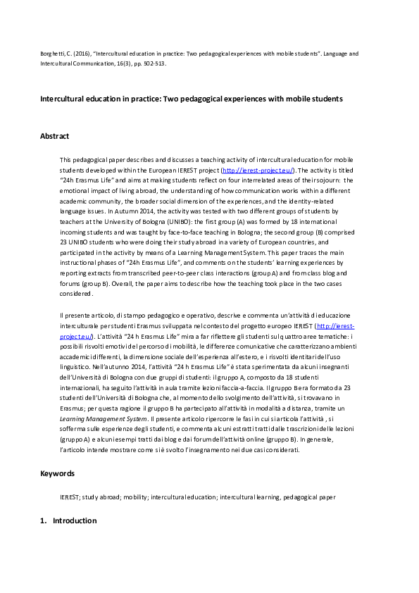 (PDF) Intercultural education in practice: Two pedagogical experiences ...