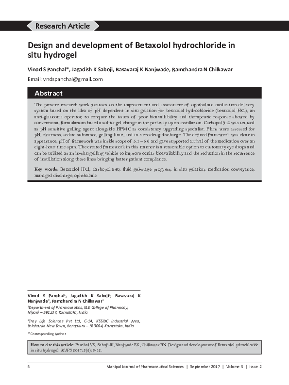(PDF) Design and development of Betaxolol hydrochloride in situ hydrogel