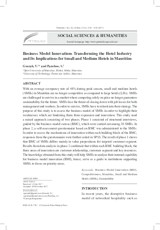 (PDF) Business Model Innovations Transforming the Hotel Industry and ...