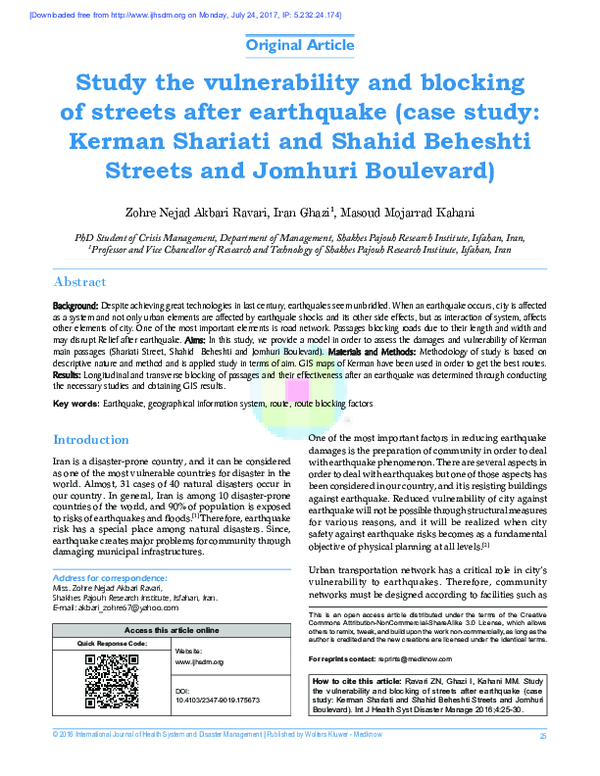 (PDF) Study the vulnerability and blocking of streets after earthquake ...