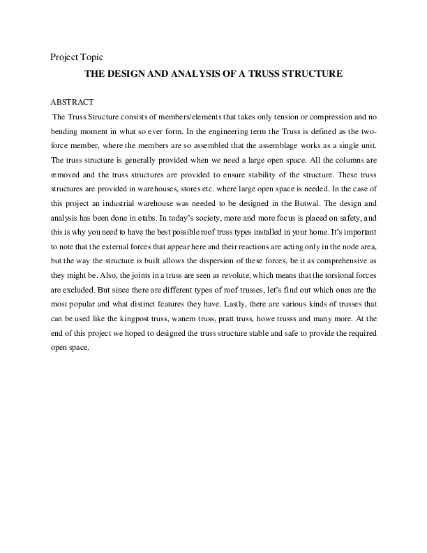 (PDF) Project Topic THE DESIGN AND ANALYSIS OF A TRUSS STRUCTURE