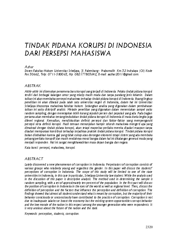 (PDF) TINDAK PIDANA KORUPSI DI INDONESIA DARI PERSEPSI MAHASISWA