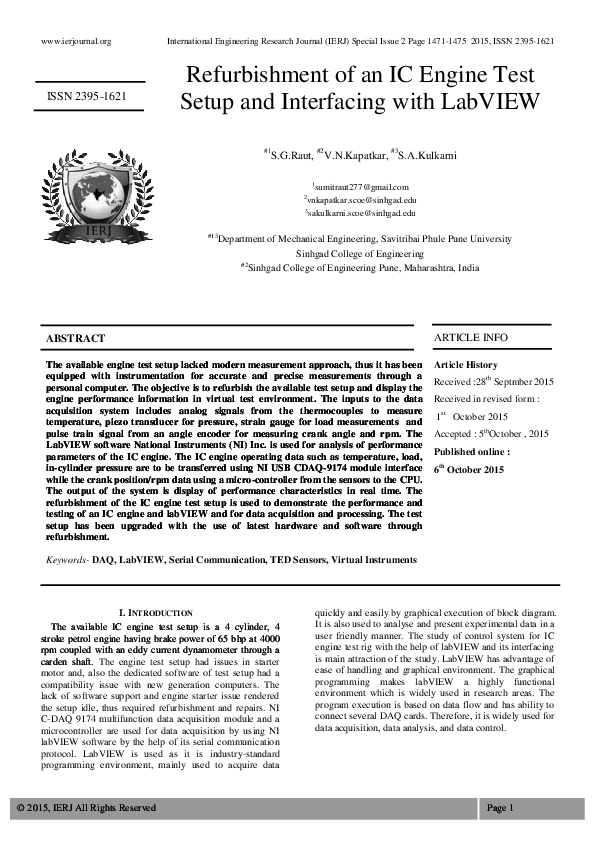 (PDF) Refurbishment of an IC Engine Test Setup and Interfacing with ...