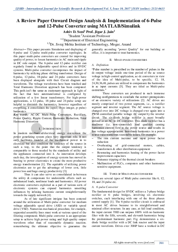 Pdf A Review Paper Onward Design Analysis And Implementation Of 6 Pulse