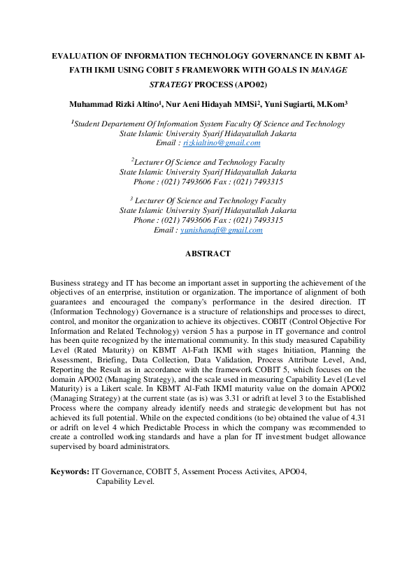 Doc Evaluation Of Information Technology Governance In Kbmt Al Fath Ikmi Using Cobit 5