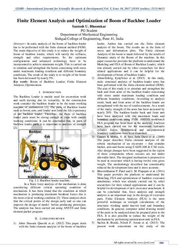 Pdf Finite Element Analysis And Optimization Of Boom Of Backhoe Loader
