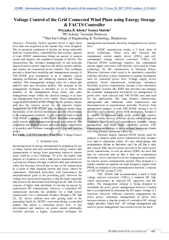 Pdf Voltage Control Of The Grid Connected Wind Plant Using Energy