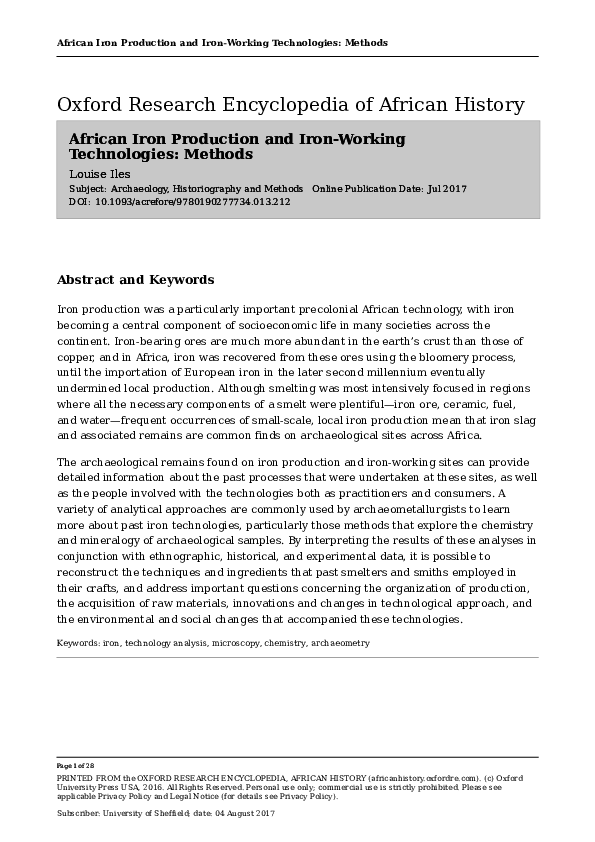 (PDF) African Iron Production and Iron-Working Technologies: Methods