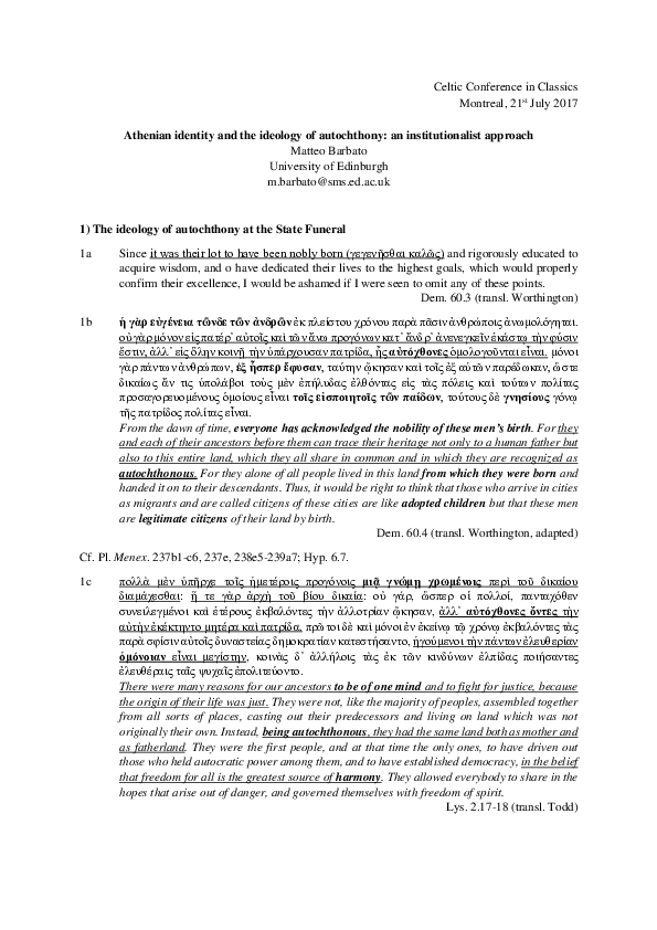 (DOC) Athenian identity and the ideology of autochthony: an ...