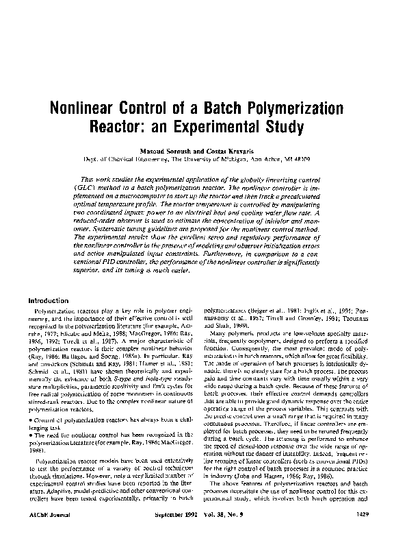 (PDF) Nonlinear control of a batch polymerization reactor: An experimental study | Fernand Pla ...