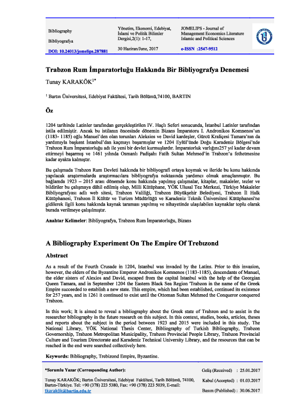 (PDF) Trabzon Rum İmparatorluğu Hakkında Bir Bibliyografya Denemesi