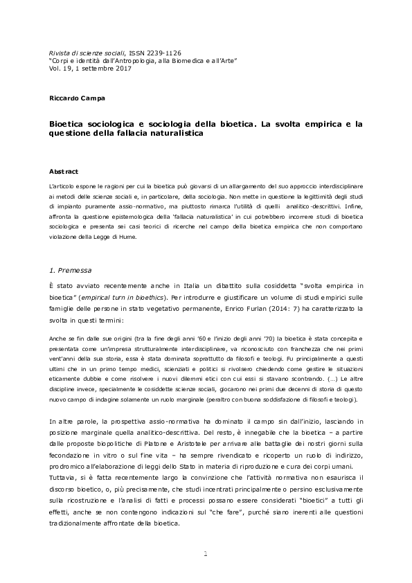 (PDF) Sociologia della bioetica e bioetica sociologica. La svolta ...