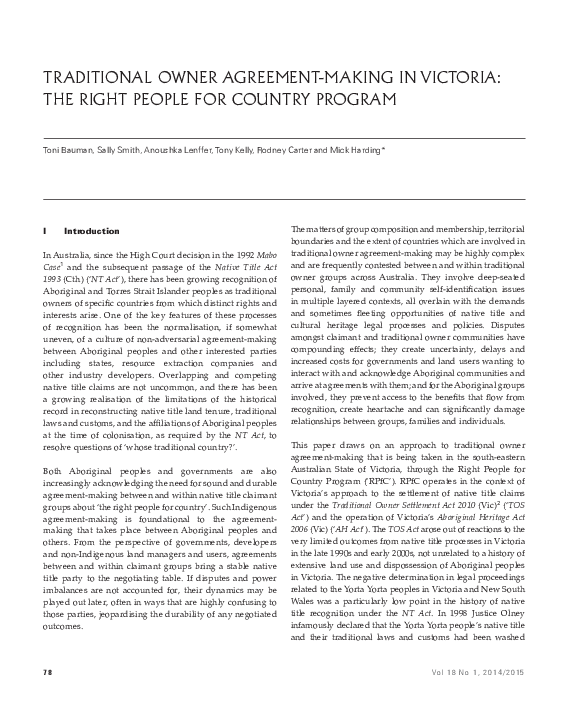 (PDF) TRADITIONAL OWNER AGREEMENT-MAKING IN VICTORIA: THE RIGHT PEOPLE ...