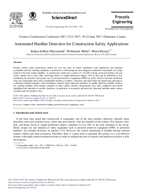 (PDF) Automated Hardhat Detection for Construction Safety Applications