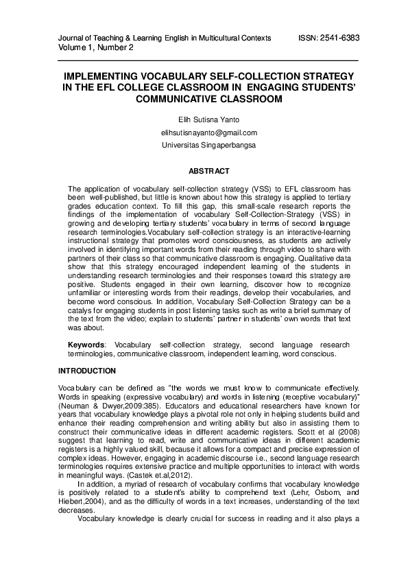 (PDF) IMPLEMENTING VOCABULARY SELF-COLLECTION STRATEGY IN THE EFL ...