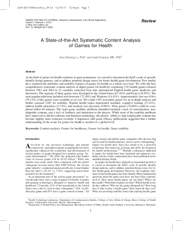(PDF) A State-of-the-Art Systematic Content Analysis of Games for Health