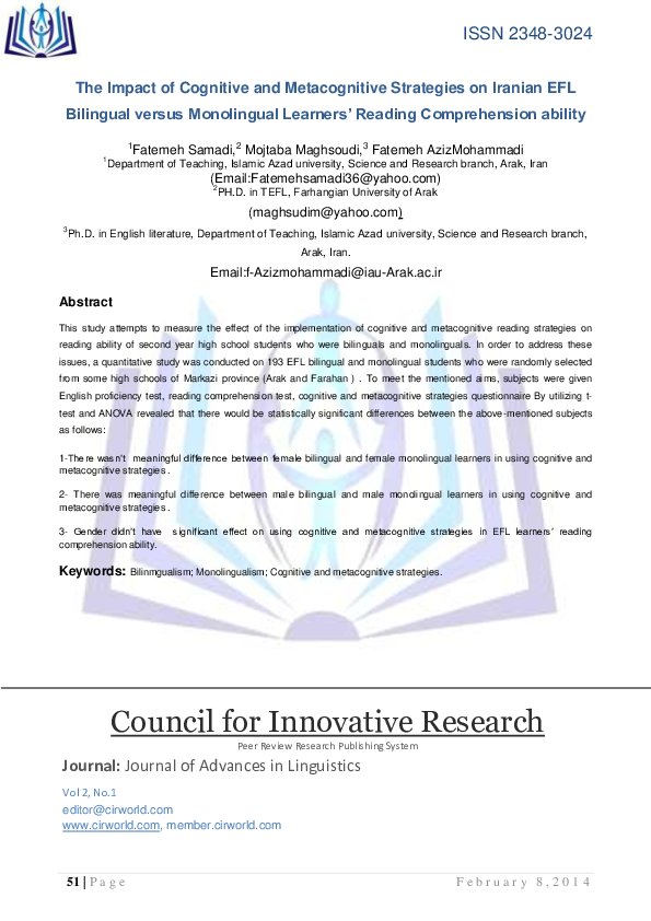 Pdf The Impact Of Lingualuity On The Cognitive And Metacognitive Reading Strategies Awareness